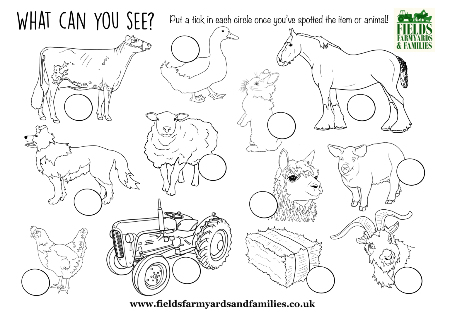 Farm colouring sheets & activities for kids · Fields Farmyards & Families